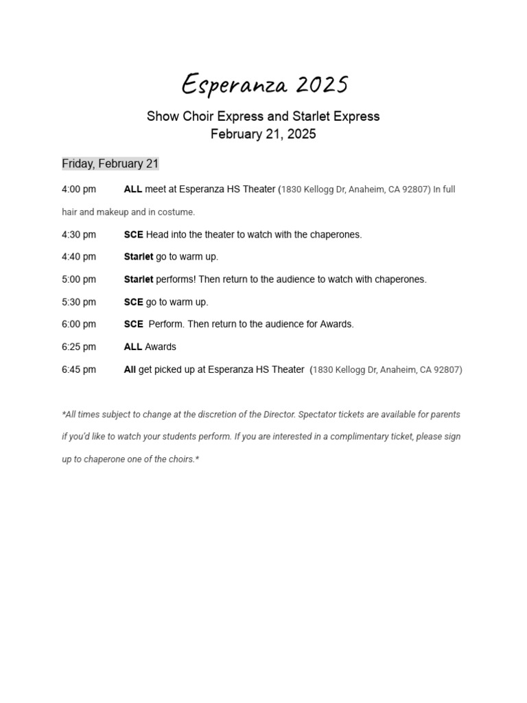 Esperanza Show Choir Event Schedule | PDF