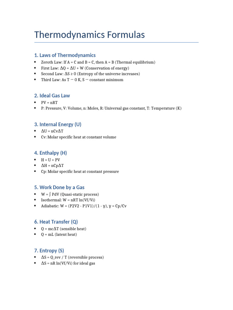 Thermodynamics Formulas | PDF