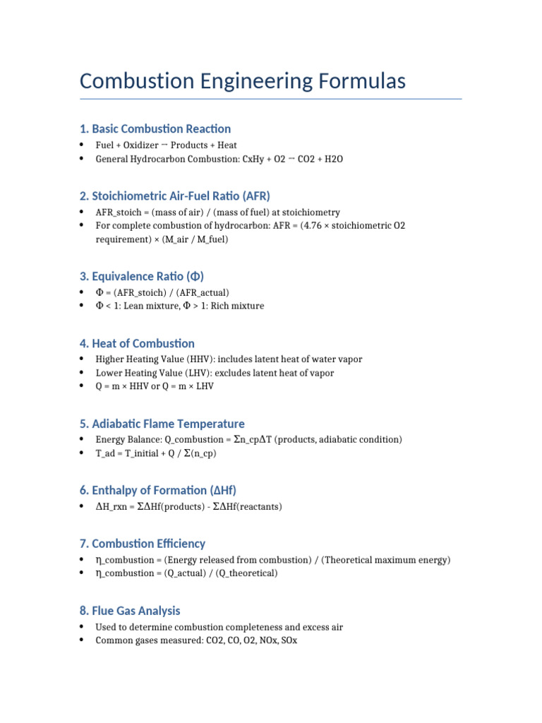 Combustion Engineering Formulas | PDF