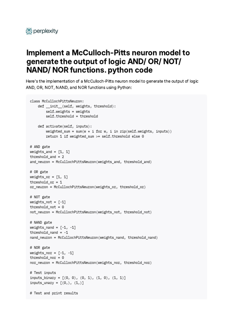 Implement A McCulloch-Pitts Neur | PDF