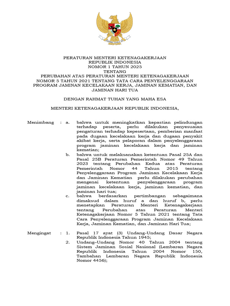 Permenaker No 1 Tahun 2025 | PDF