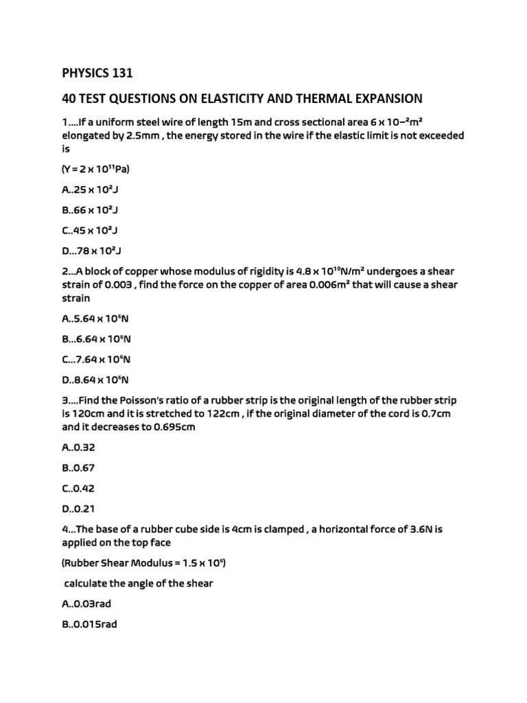 Elasticity and Thermal Expansion Questions (PHY131) | PDF | Young's ...