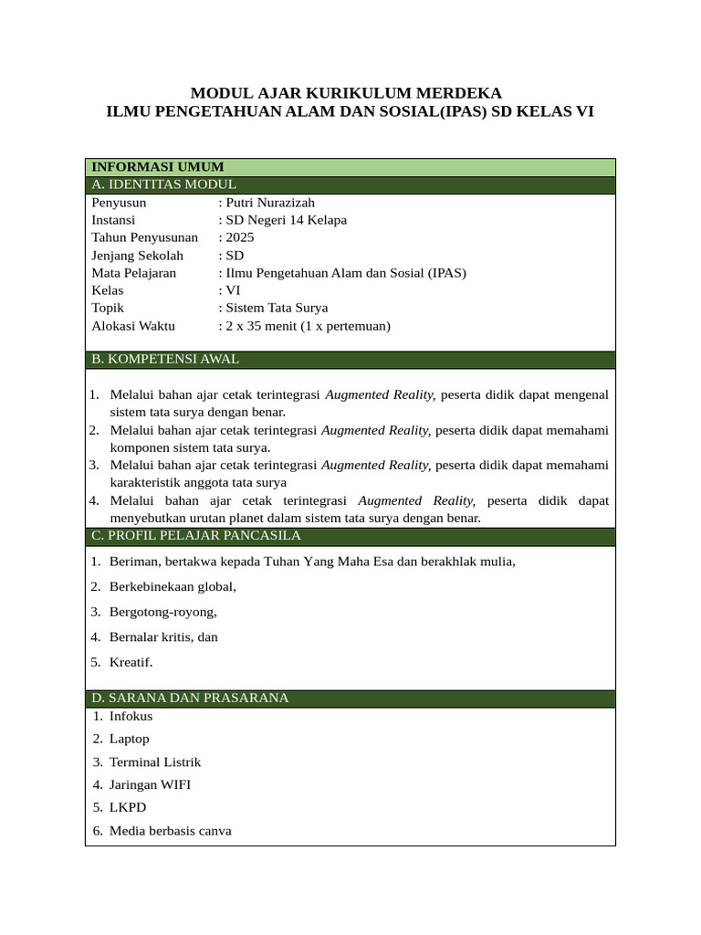 Modul Ajar Augmented Reality Putriii | PDF