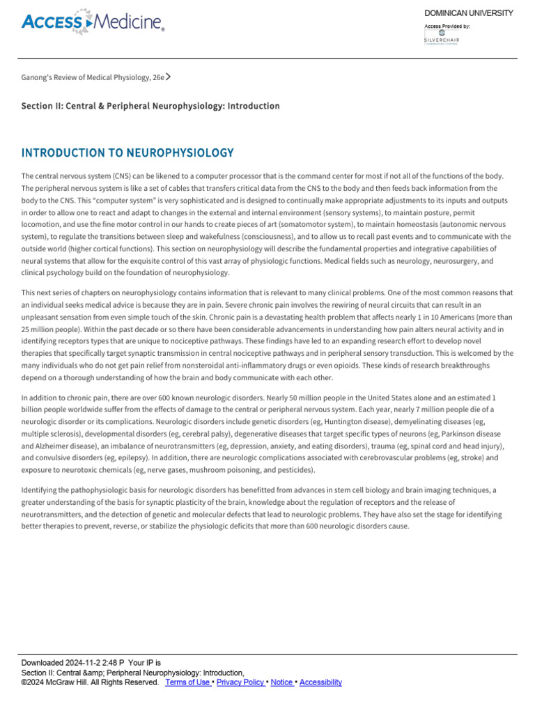 Section II - Central & Amp Peripheral Neurophysiology - Introduction ...