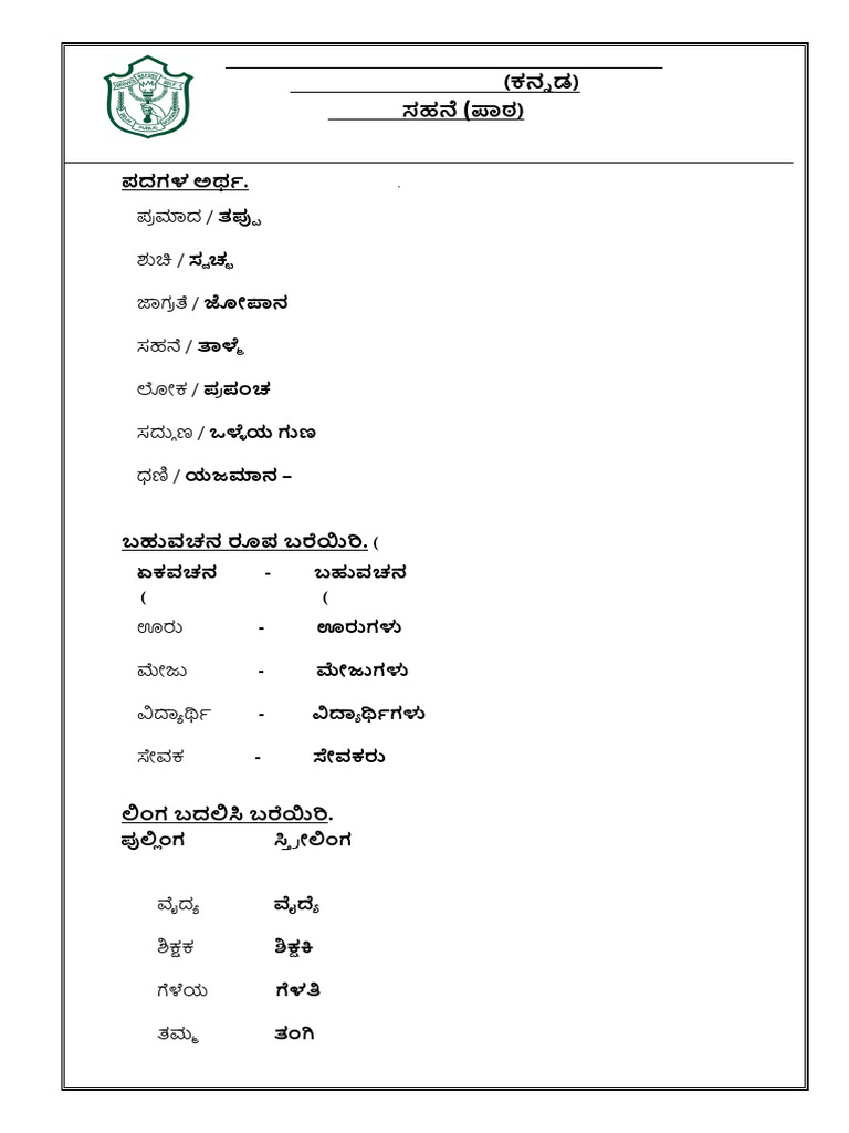 Delhi Public School Bangalore - East Subject - Kannada Topic: (Notes To ...