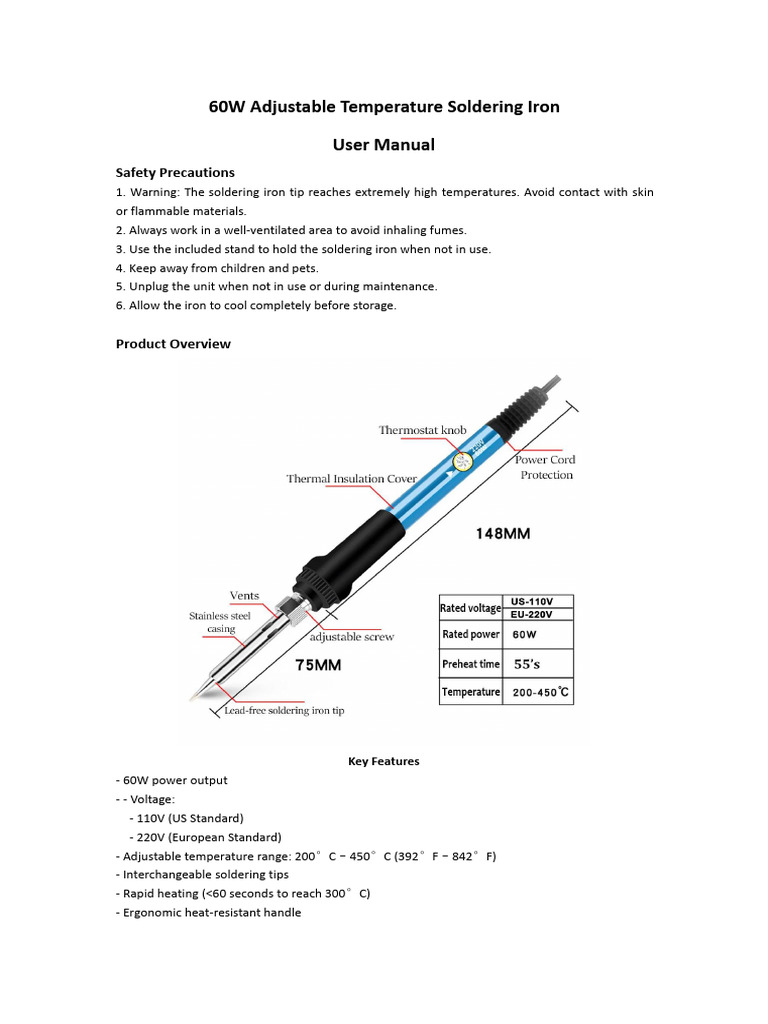 60W Adjustable Temperature Soldering Iron User Manual: Safety ...