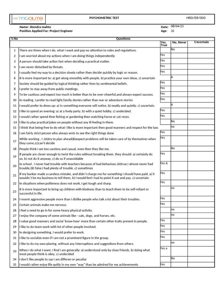Psychometric Test Form | PDF