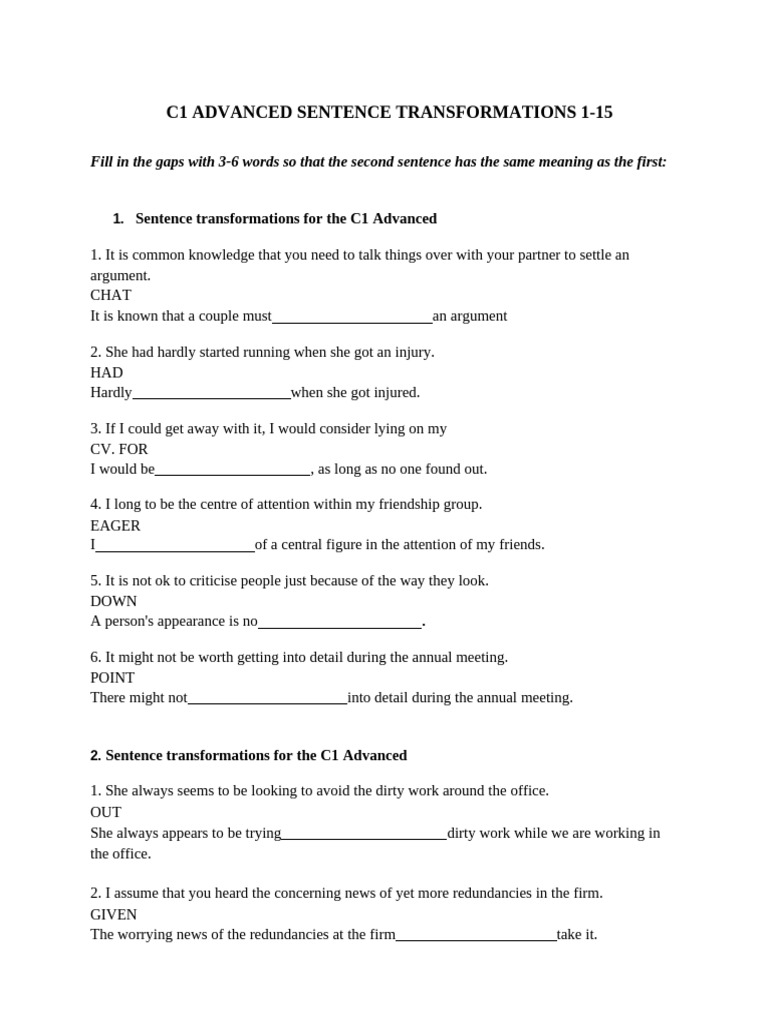 C1 Advanced Sentence Transformations 1-15 | PDF