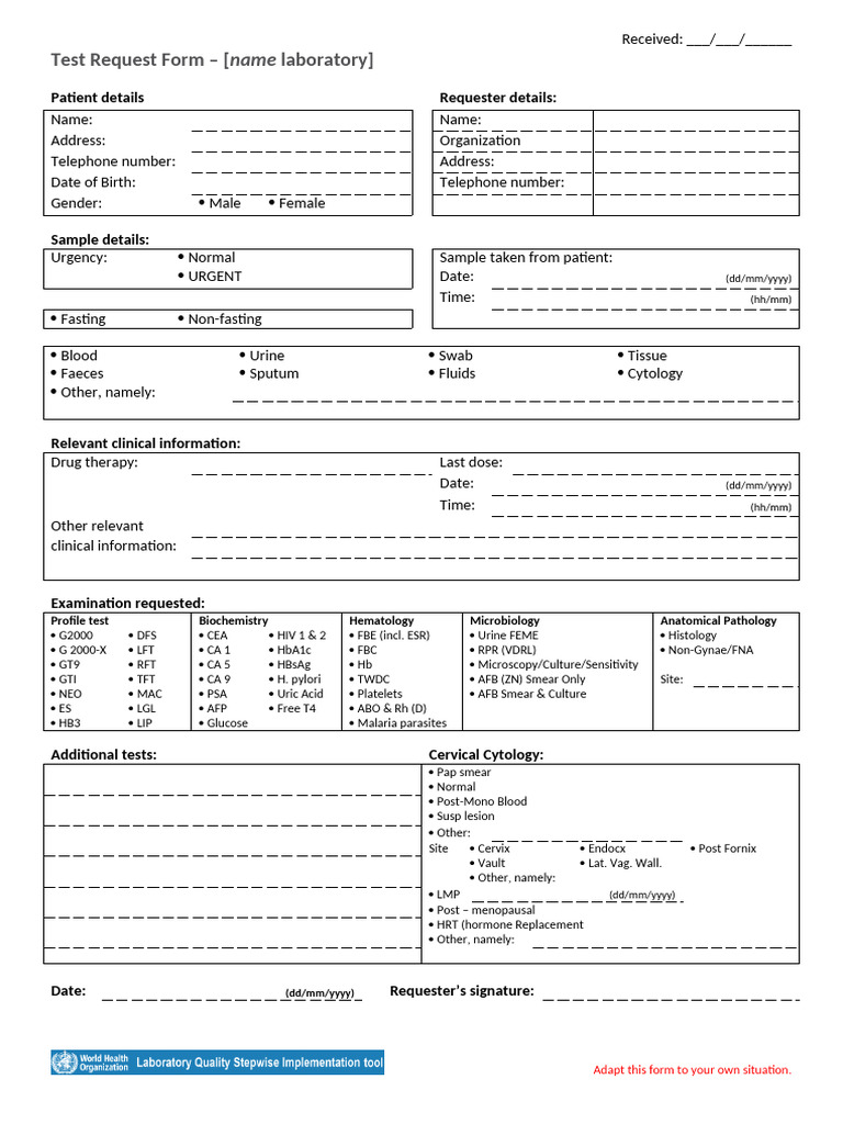 Template Laboratory Request Form - 0 | PDF | Medical Specialties | Clinical Medicine