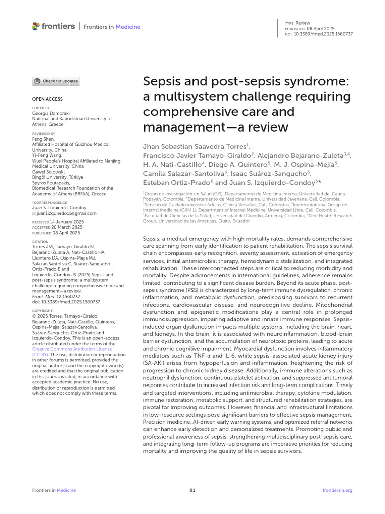 Sepsis and Post-Sepsis Syndrome: A Multisystem Challenge Requiring ...