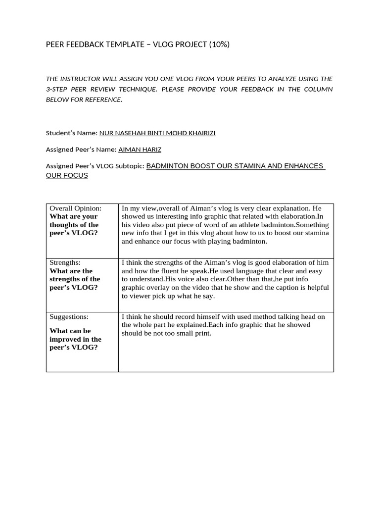 SAMPLE ANSWER of PEER FEEDBACK | PDF