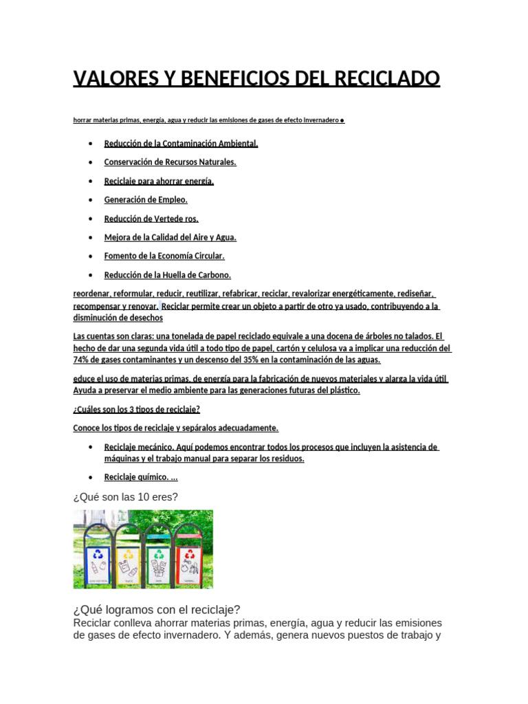 Valores y Beneficios Del Reciclado | PDF | Reciclaje | Residuos