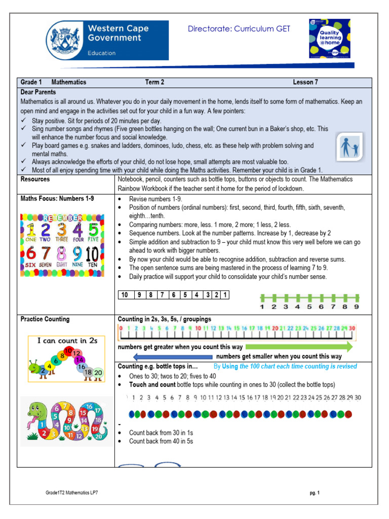 Grade 1 Math Lesson 7: Numbers 1-9 | PDF | Learning | Cognition