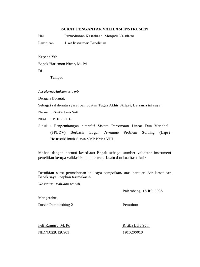 Surat Pengantar Validasi Instrumen Risika | PDF