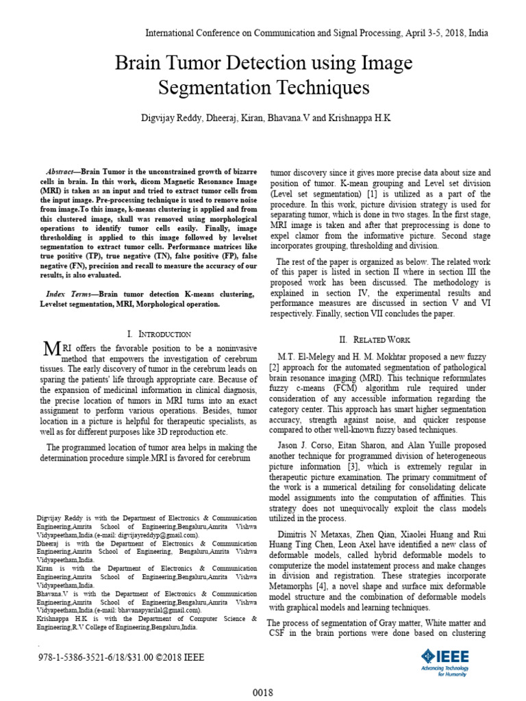 Brain Tumor Detection Using Image Segmentation Techniques | PDF | Image Segmentation | Cluster ...