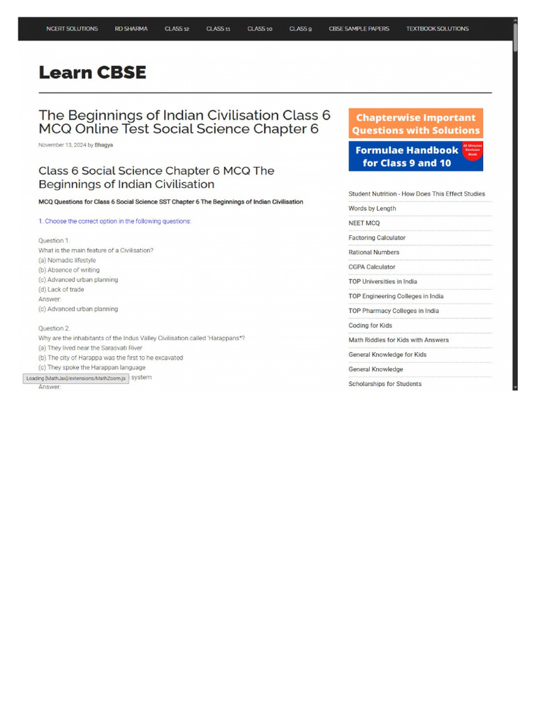 learncbse.in-The Beginnings of Indian Civilisation Class 6 MCQ Online ...