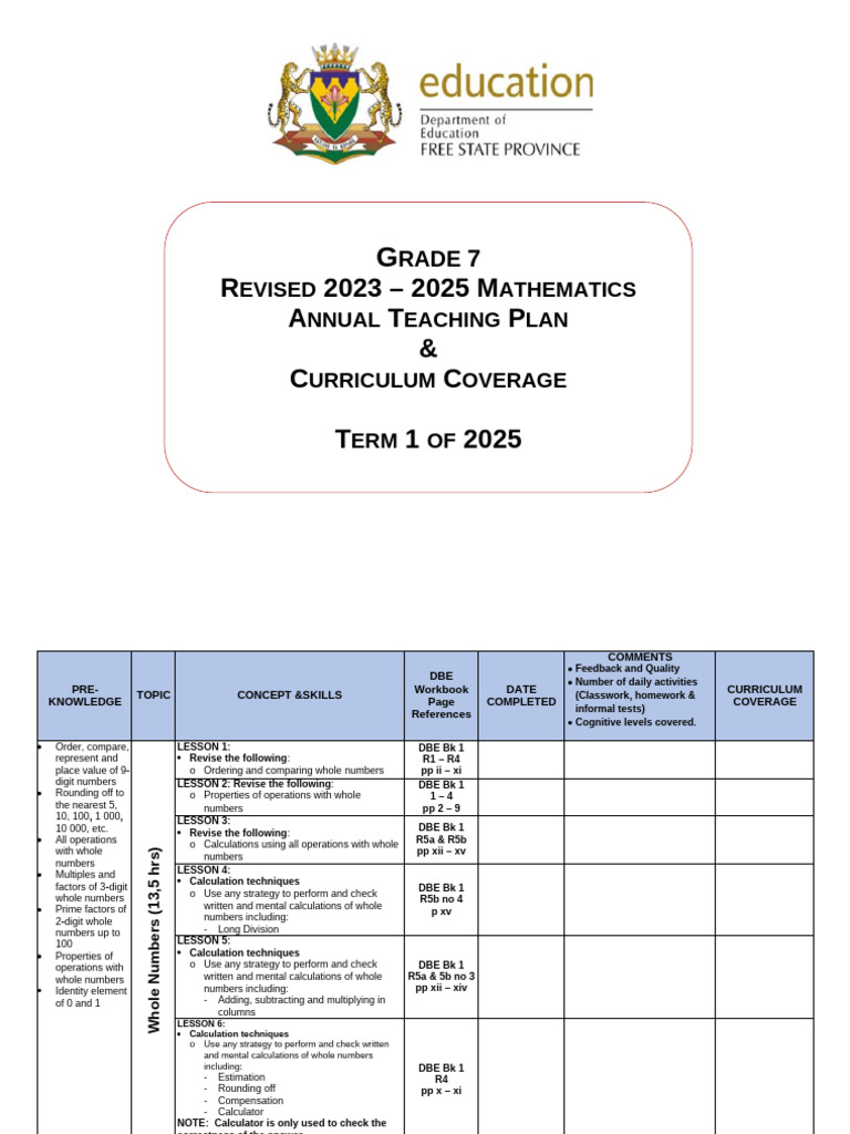 2025 FS Grade 7 Term 1 Atp & Curriculum Coverage | PDF | Multiplication ...