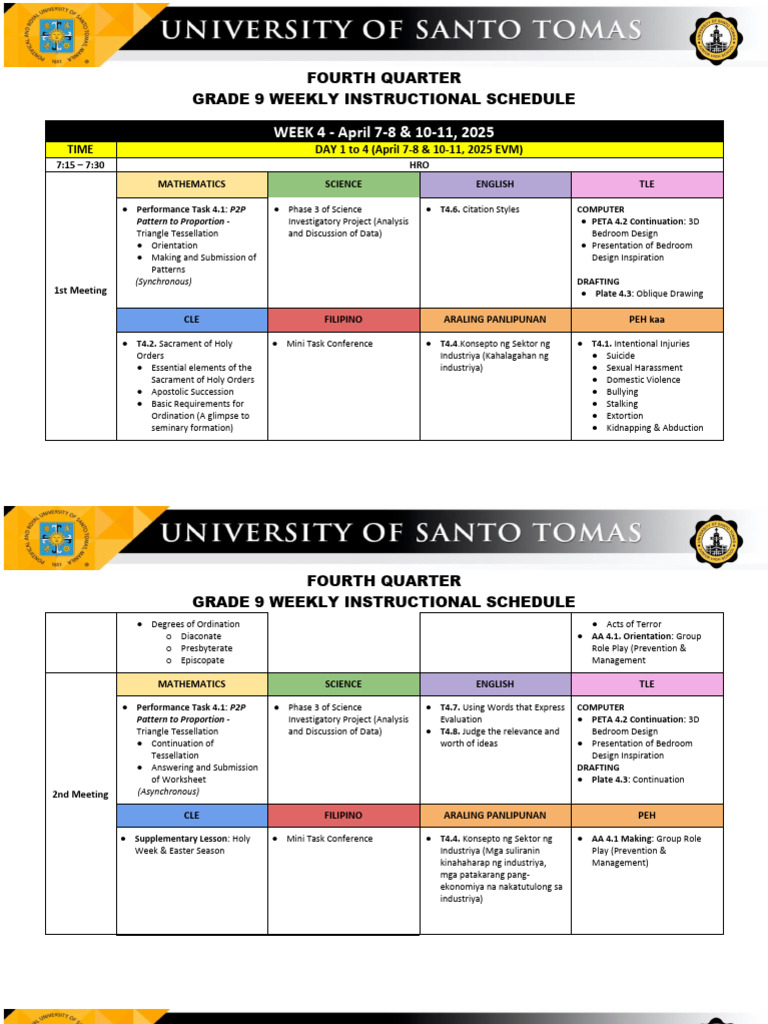 Grade 9 Q4 Weekly Schedule 2025 | PDF | Violence | Problem Behavior