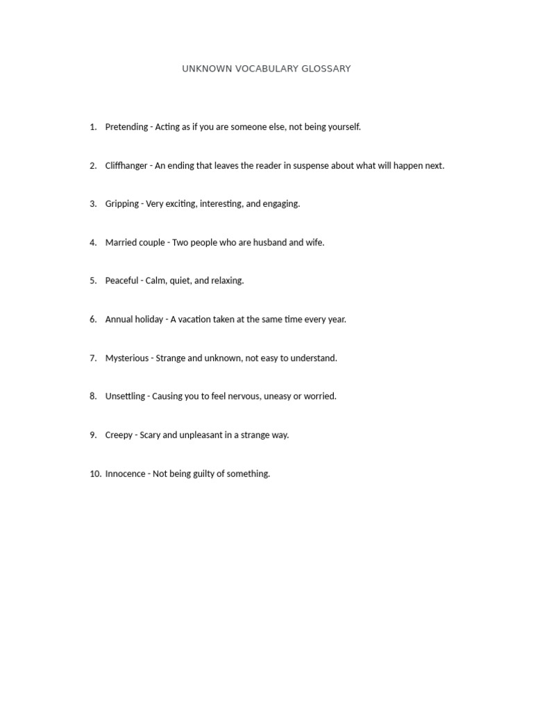 Unknown Vocabulary Glossary | PDF