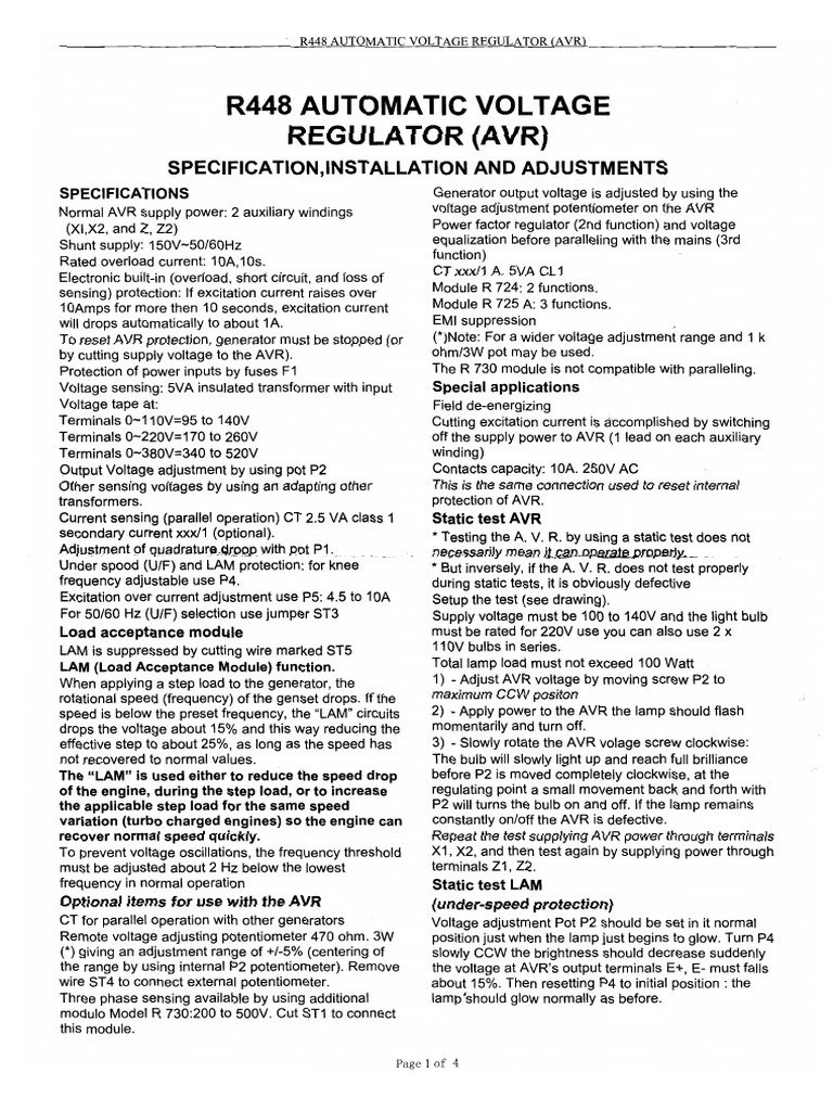 R448 Automatic Voltage Regulator (Avr) | PDF