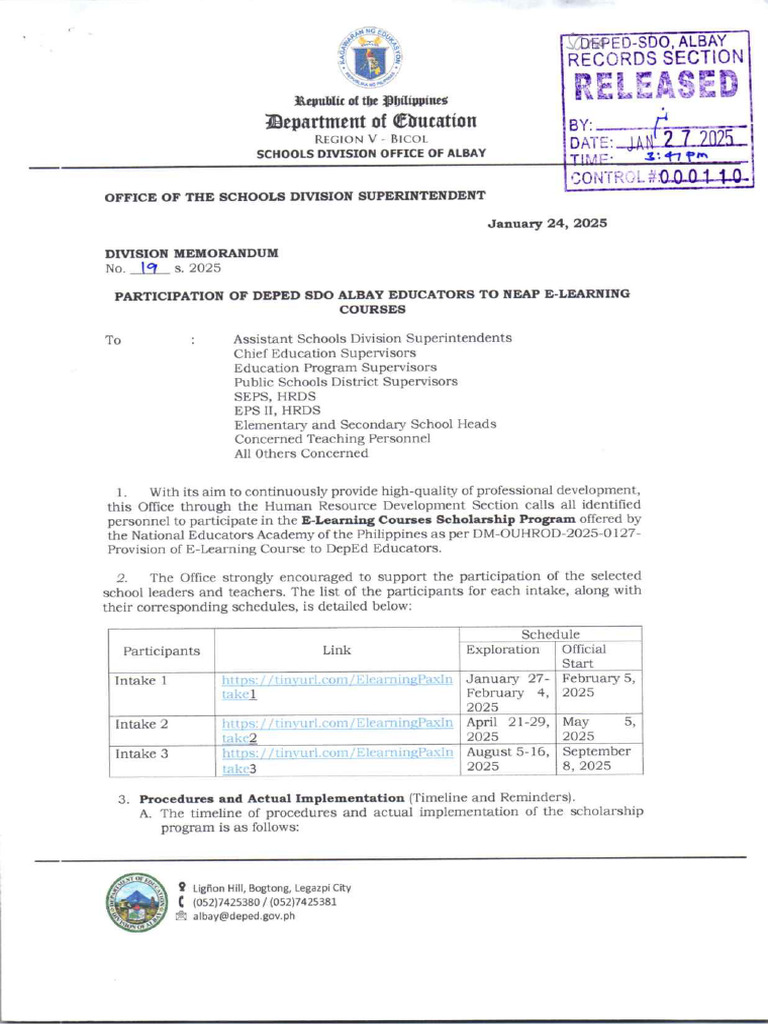 DM-No.19-s.2025-Participation-of-DepEd-SDO-Albay-Educators-to-NEAP-E-Learning-Courses | PDF