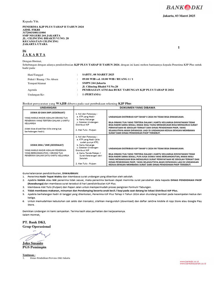 Undangan Distribusi Pertama KJP Tahap II 2024 (08032025) - Cilincing | PDF