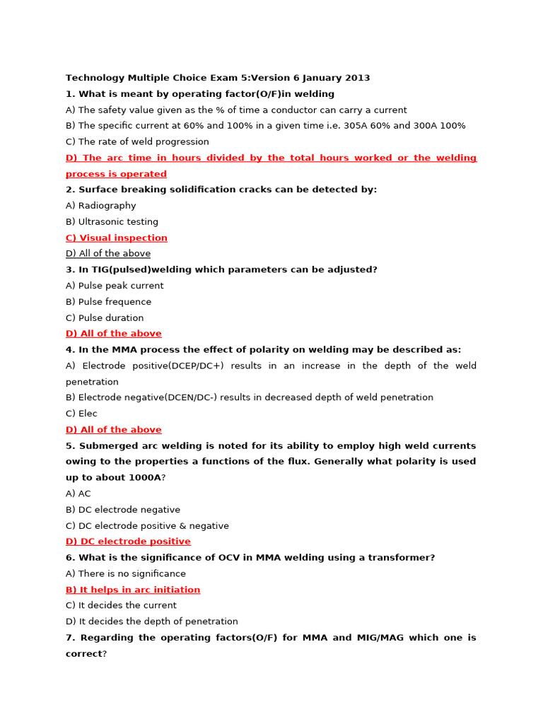 Technology Multiple Choice Exam 5 | PDF | Welding | Construction
