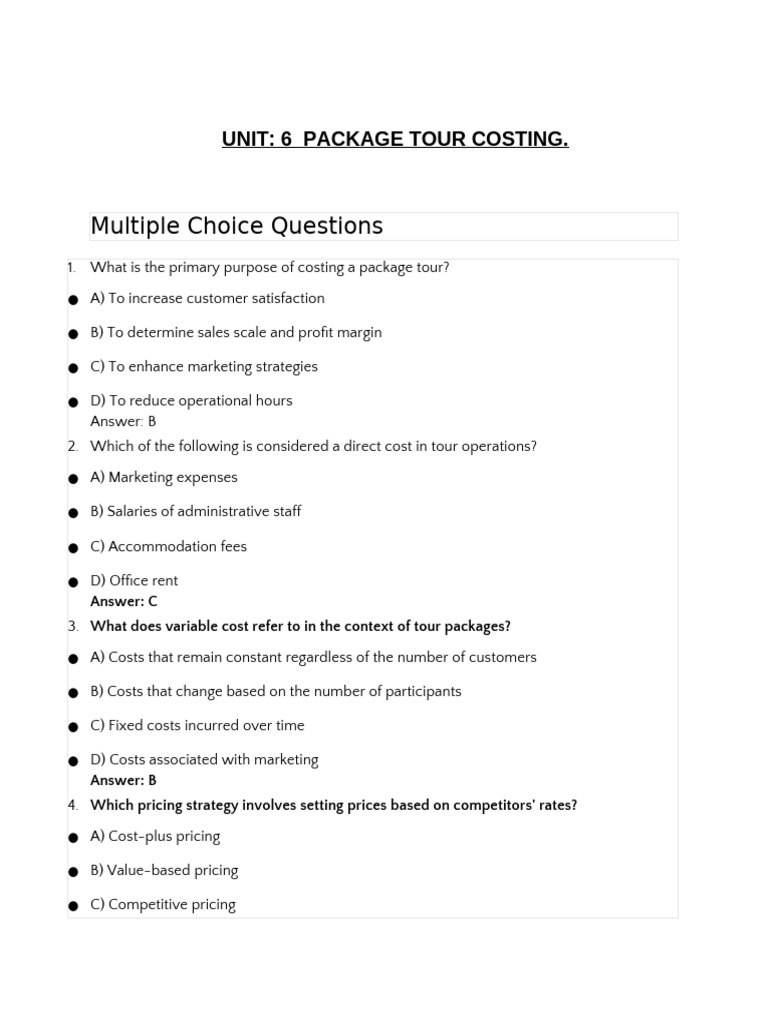 Unit 6 Package Tour Costing | PDF | Pricing | Expense