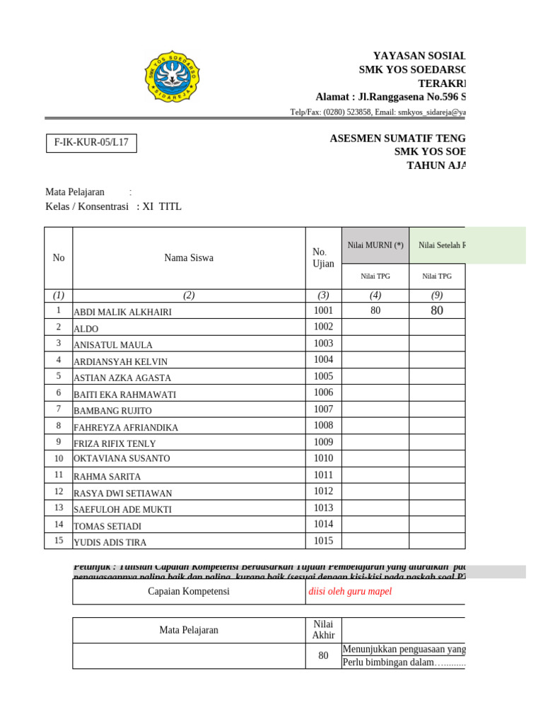 Blanko Rekapitulasi Nilai Asts Genap 2024-2025 (1) | PDF
