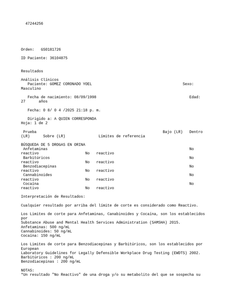 Antidoping Paciente Enrique Faustino | PDF | Cuidado de la salud | Medicina CLINICA