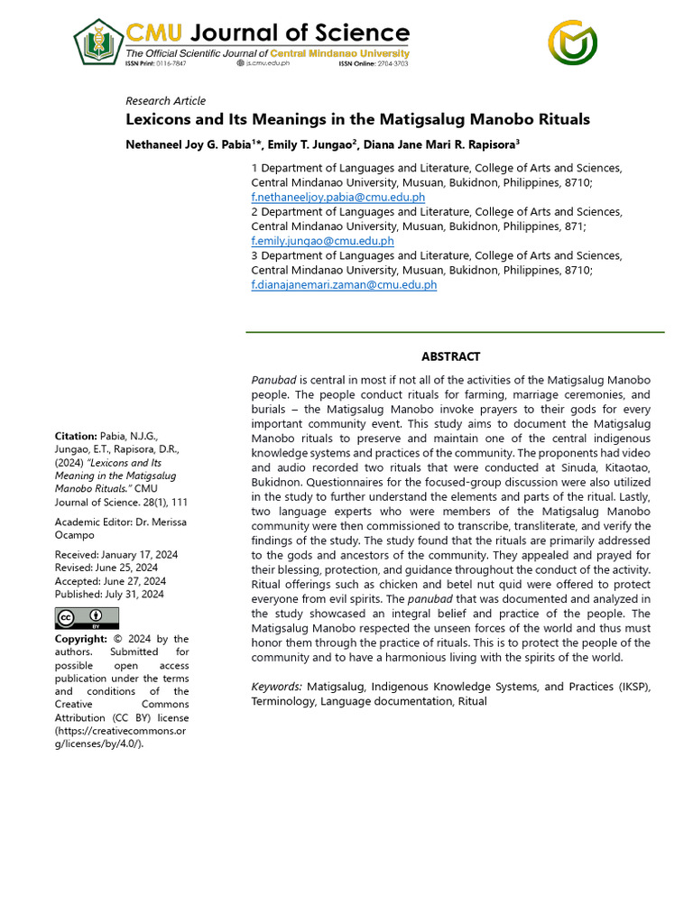 Lexicons and Its Meanings in The Matigsalug Manobo Rituals | PDF