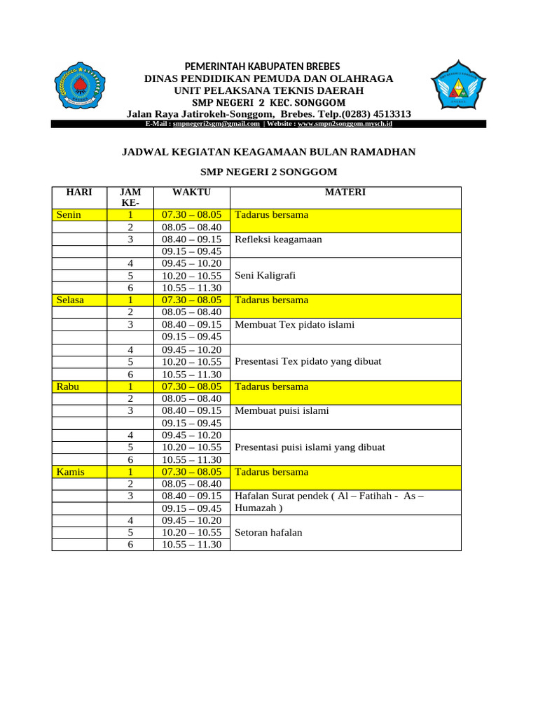 Jadwal Kegiatan Ramadan SMP 2 Songgom | PDF