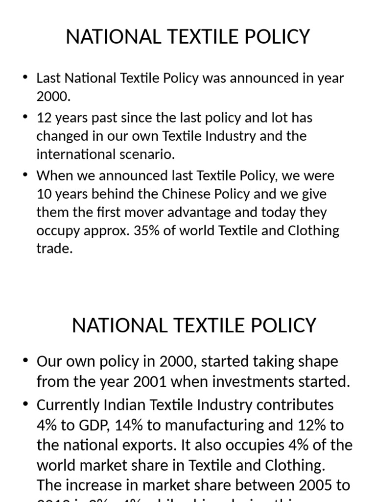 DRAFT NATIONAL TEXTILE POLICY | PDF | Textiles | Cotton