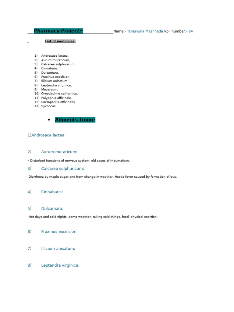 Pharmacy Project: Medicine List & Ailments | PDF