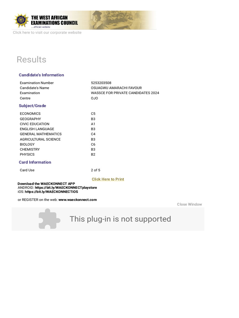 Waecdirect Online - Results | PDF