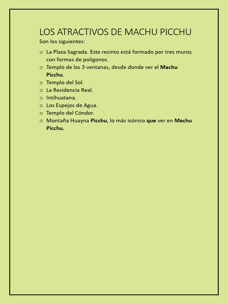LOS ATRACTIVOS DE MACHU PICCHU | PDF