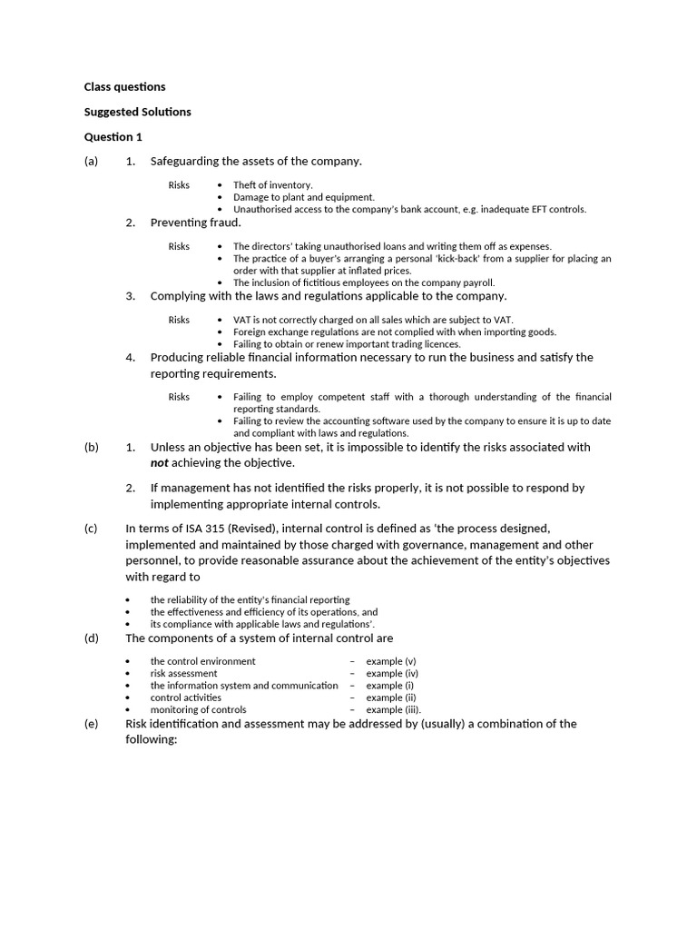Suggested Solution For Class Questions | PDF | Internal Control | Risk