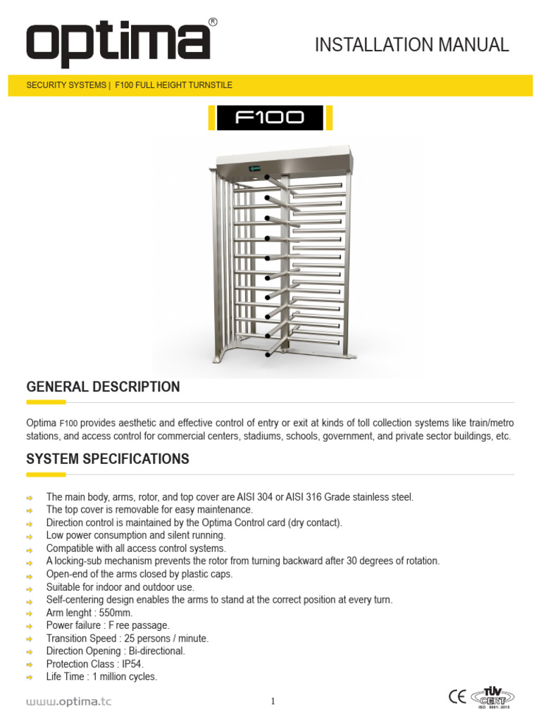 Optima F100 Full Height Turnstile Manual | PDF | Switch | Mechanical ...