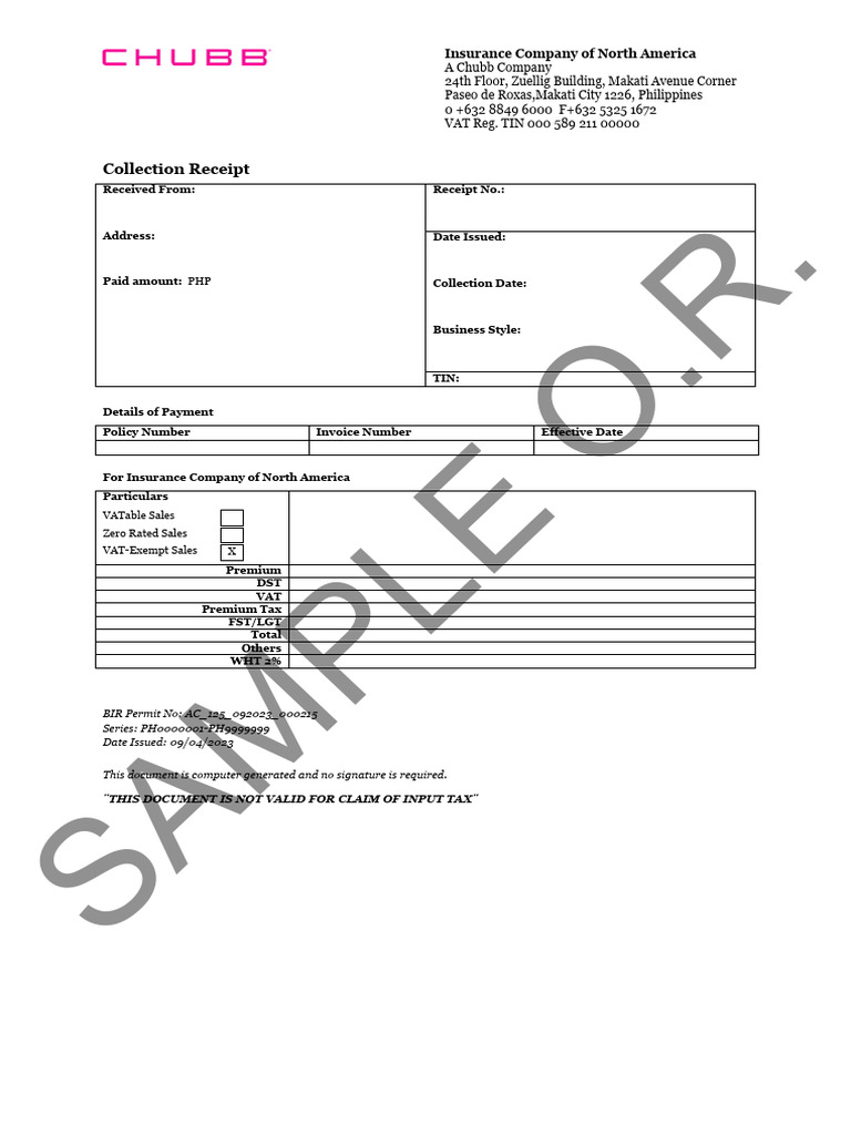 Collection Receipt Sample for Insurance | PDF