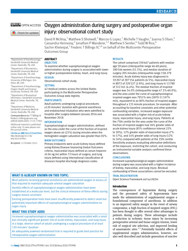 Oxygen Administration During Surgery and Postoperative Organ Injury ...