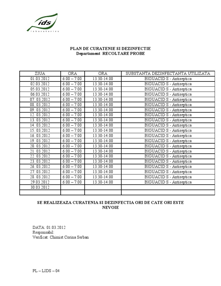 Plan de Curatenie Si Dezinfectie 2011 | PDF