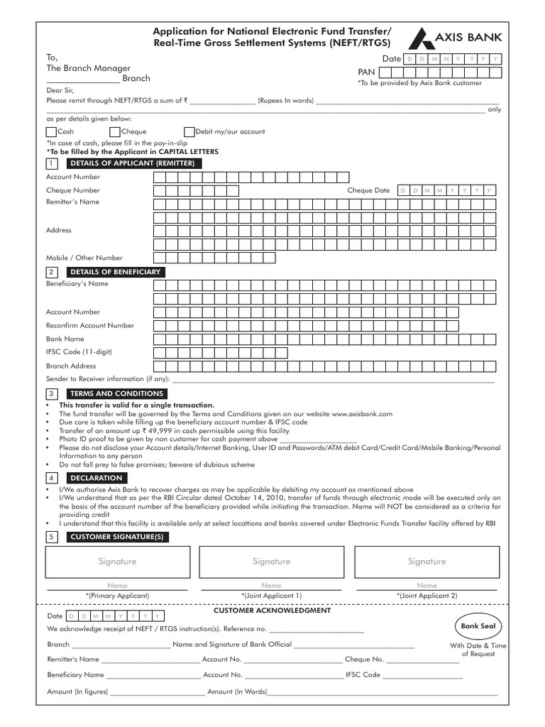 Axis Bank RTGS Neft Form | PDF | Personal Finance | Financial Technology