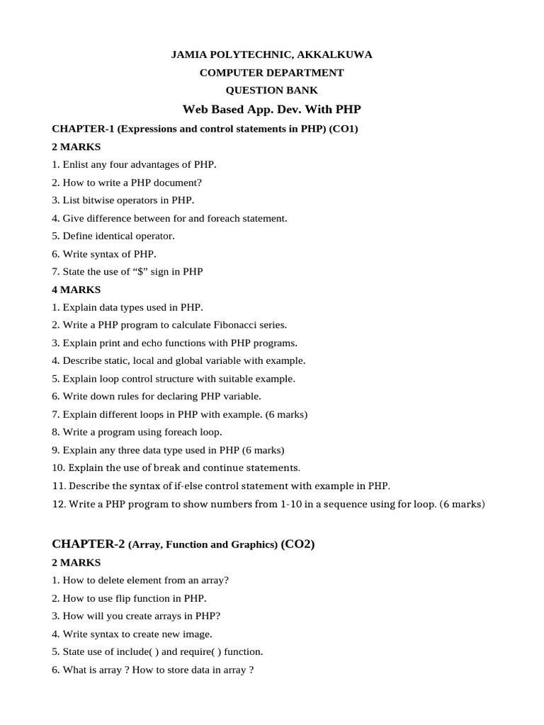 PHP Question Bank Ch-1,2 - 090233 | PDF | Php | Computer Program
