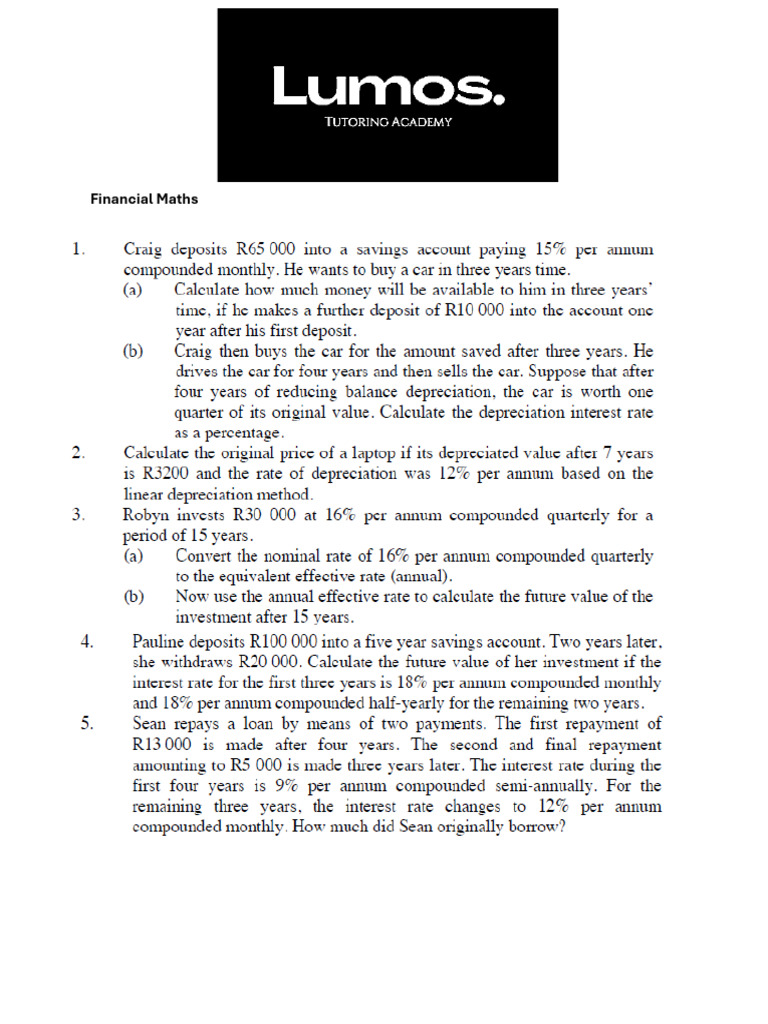 Financial Maths Revision Test Grade 12 | PDF