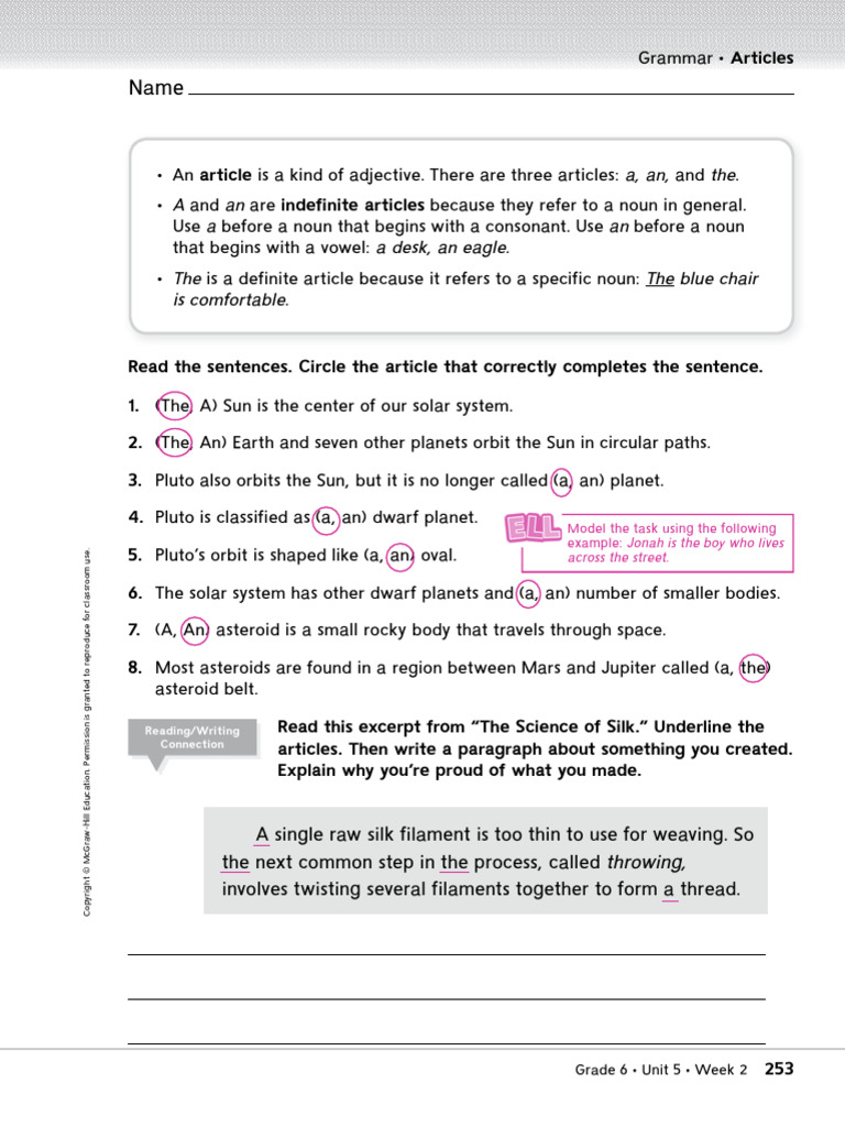 Unit 5 - Week 2 - Grammar - Articles (PB Pp. 253-257) Answer Key | PDF ...
