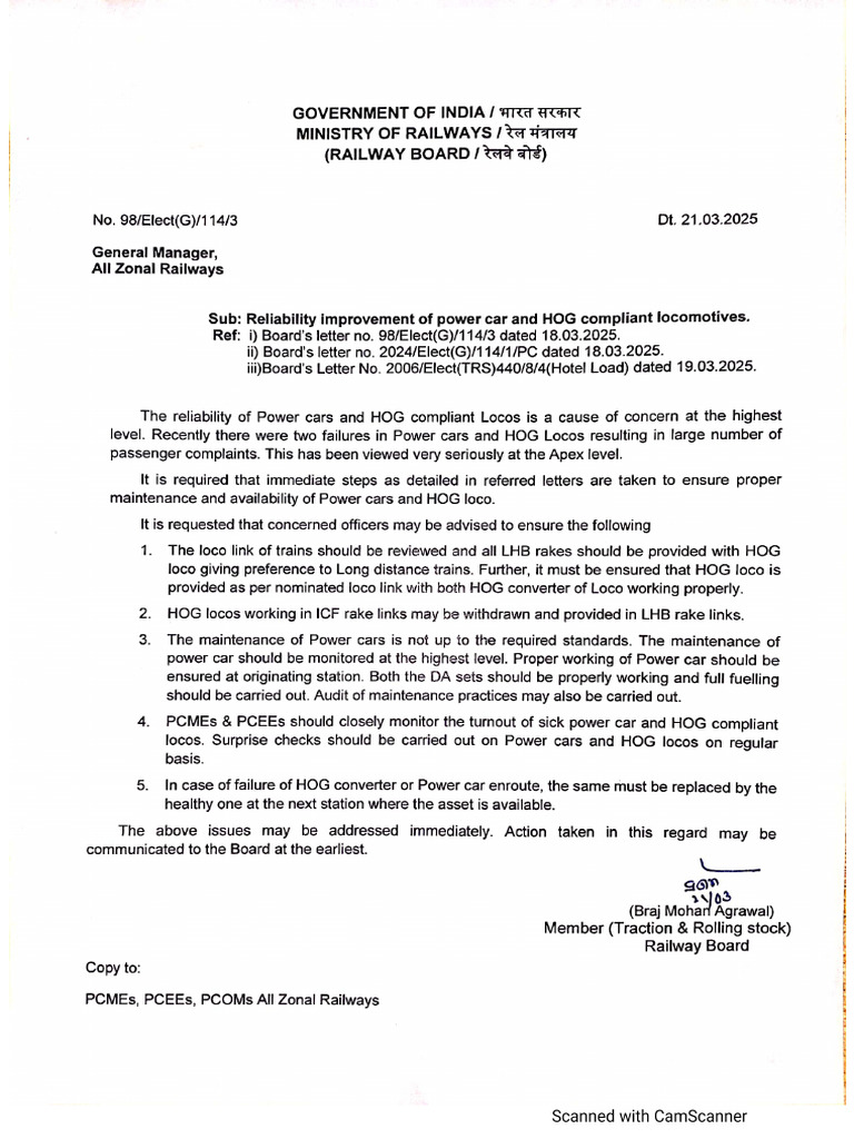 MTRS letter to GMs reg. Reliability improvement of power car and HOG ...