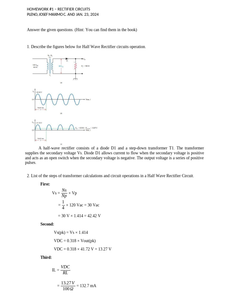 Rectifier Circuits Homework Guide | PDF | Rectifier | Diode