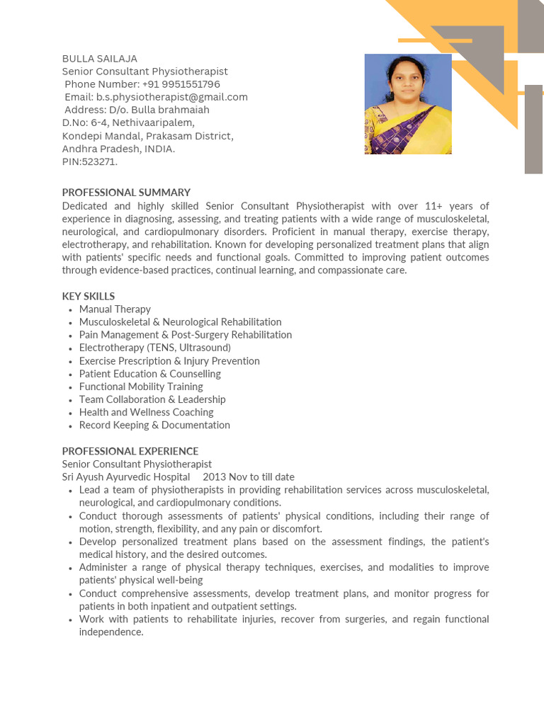 Sailaja Resume For Physiotheraphy | PDF | Physical Therapy | Health Care