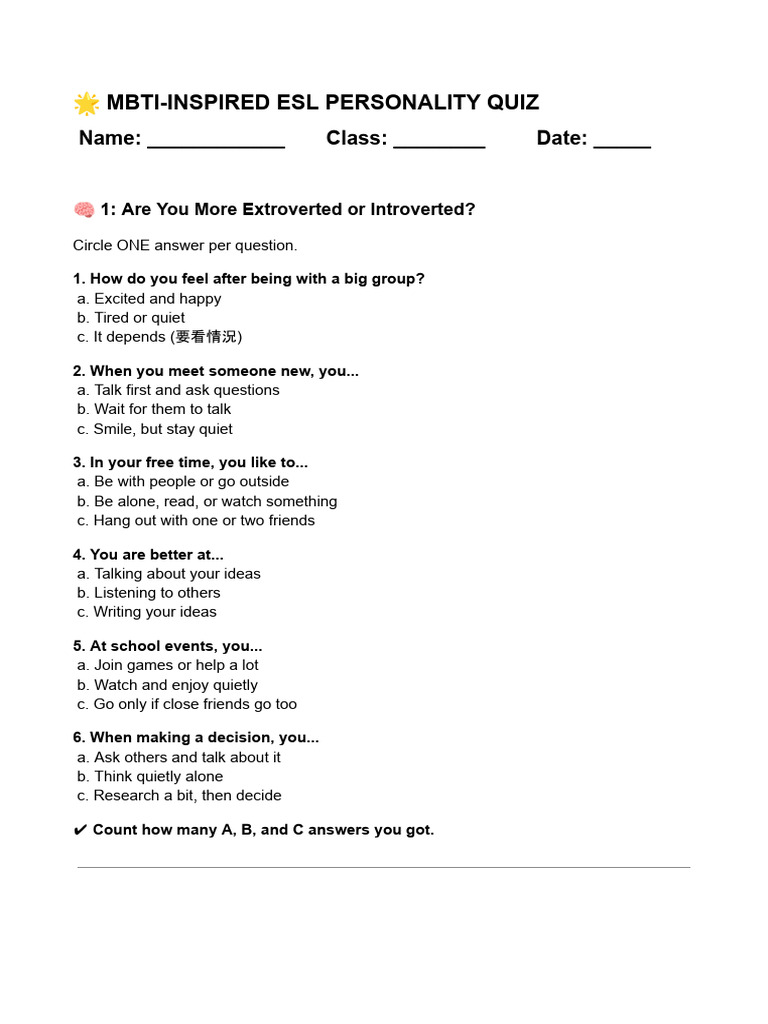 ESL Personality Quiz for Kids | PDF | Extraversion And Introversion ...