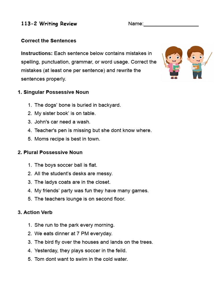 G4 Writing Correction Worksheet | PDF | Grammatical Number | Noun